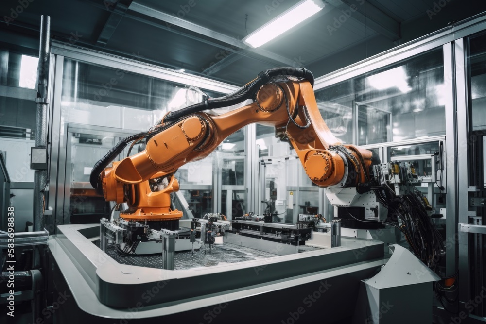 orange robot arm feeding manufacturing line in automated modern factory ...