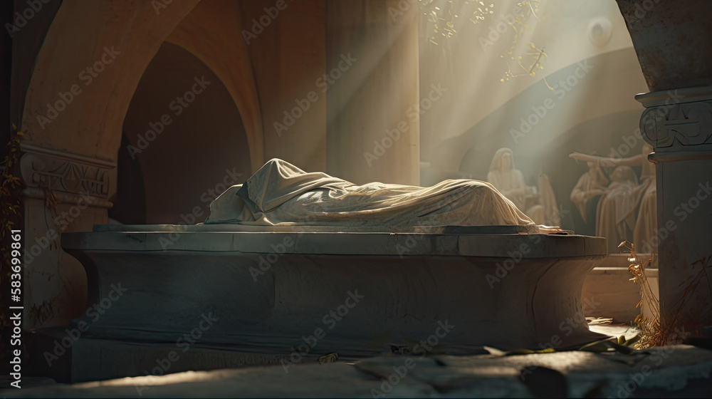 Biblical Illustration of a body wrapped in a shroud laying in a wealthy ...