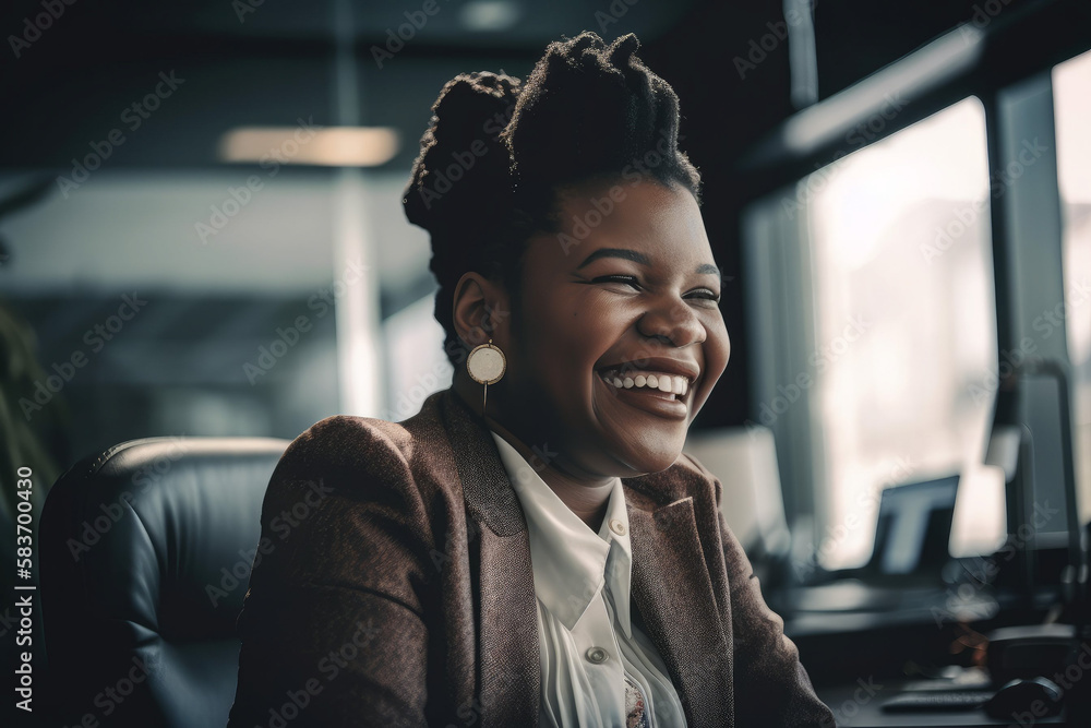 Photorealistic ai artwork of a black woman CEO in a corporate office ...