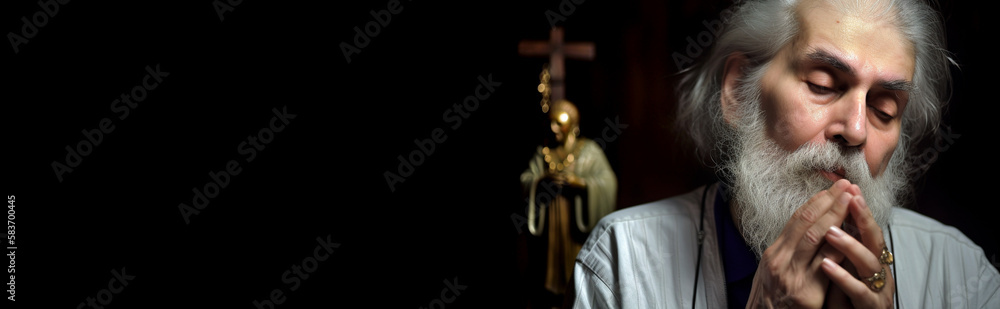 Portrait of a thoughtful elder bearded man praying with clasped hands ...