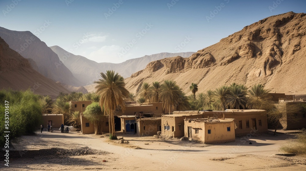 A small desert village with traditional mud-brick homes and a bustling ...