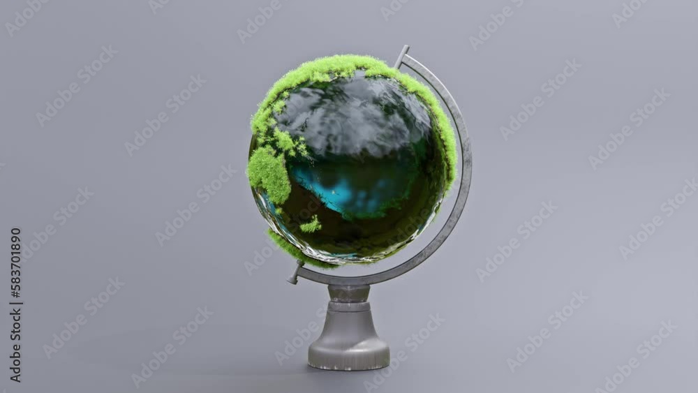 Earth globe full of grass on rotating platform on gray background ...