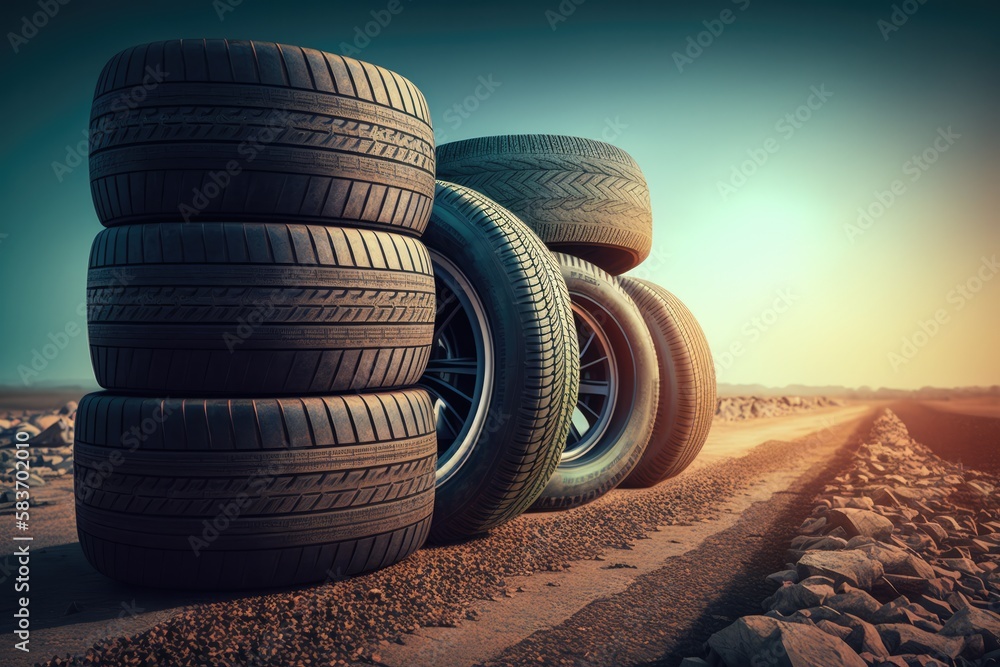 Stack of tires in a stack on a asphalt road. Sunny day. Generative AI ...