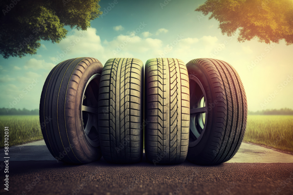 Stack of four tires in a stack on a asphalt road. Sunny day. Generative ...