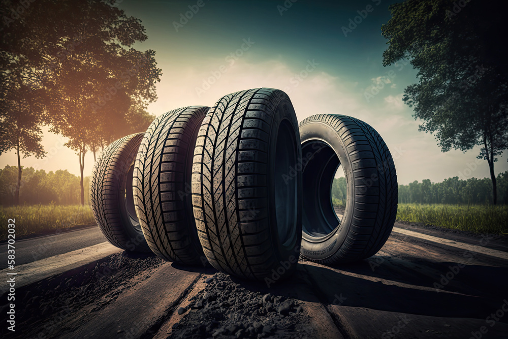 Stack of four tires in a stack on a asphalt road. Sunny day. Generative ...