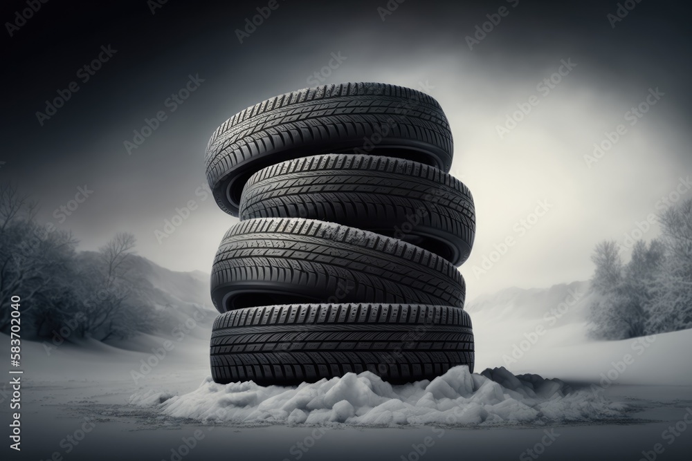 Stack of four tires on snow on a dark background. Generative AI Stock ...