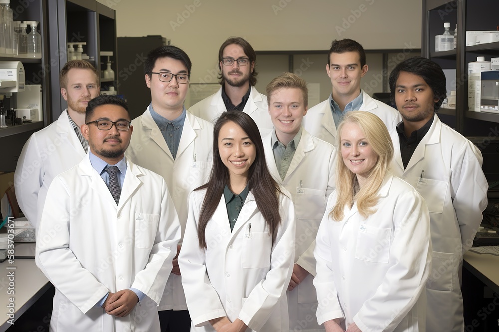 Portrait of multicultural teamwork of scientists looking at camera ...