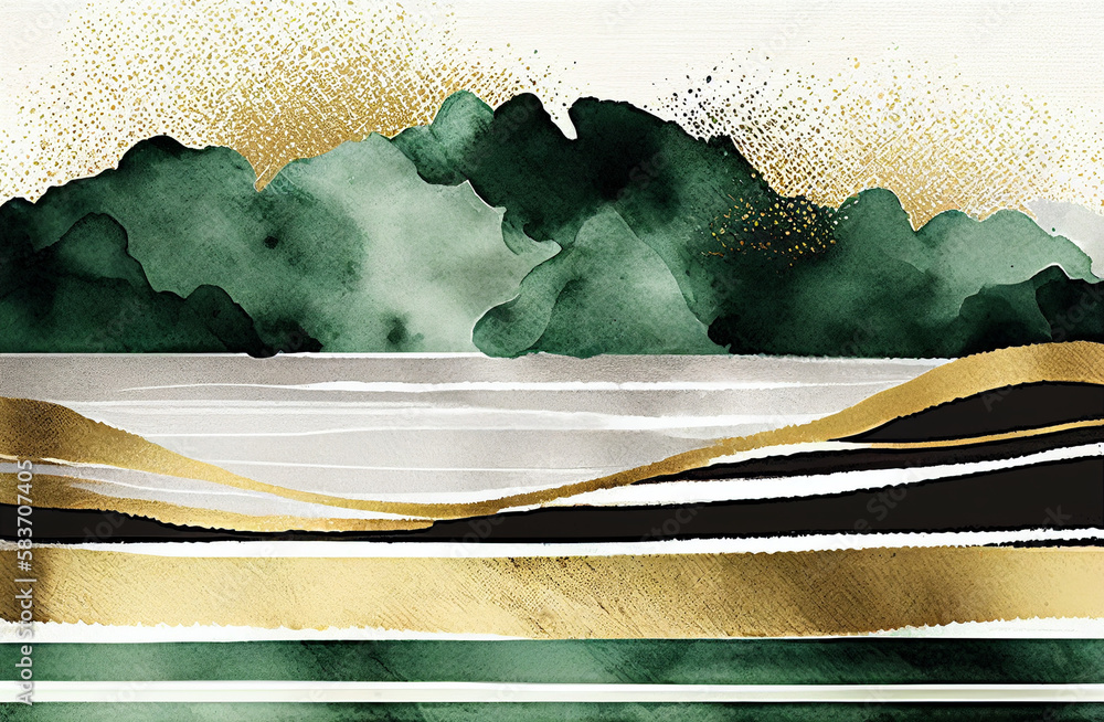 green mountain landscape background illustration with golden line art ...