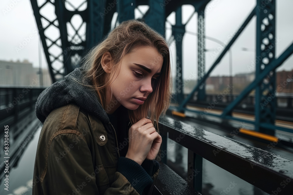 Suicidal and depressed young female very sad looking away and crying ...