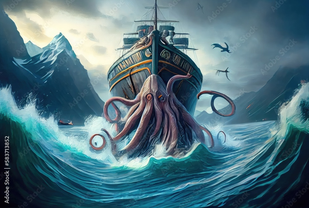 Kraken the giant octopus under the deep sea attacking and sinking the ship background. Digital ...