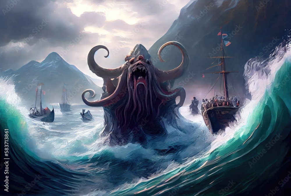 Kraken the giant octopus under the deep sea attacking and sinking the ship background. Digital ...