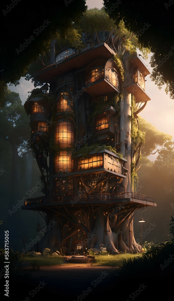 V-ray render of A atompunk treehouse in a forest Secon Stock ...