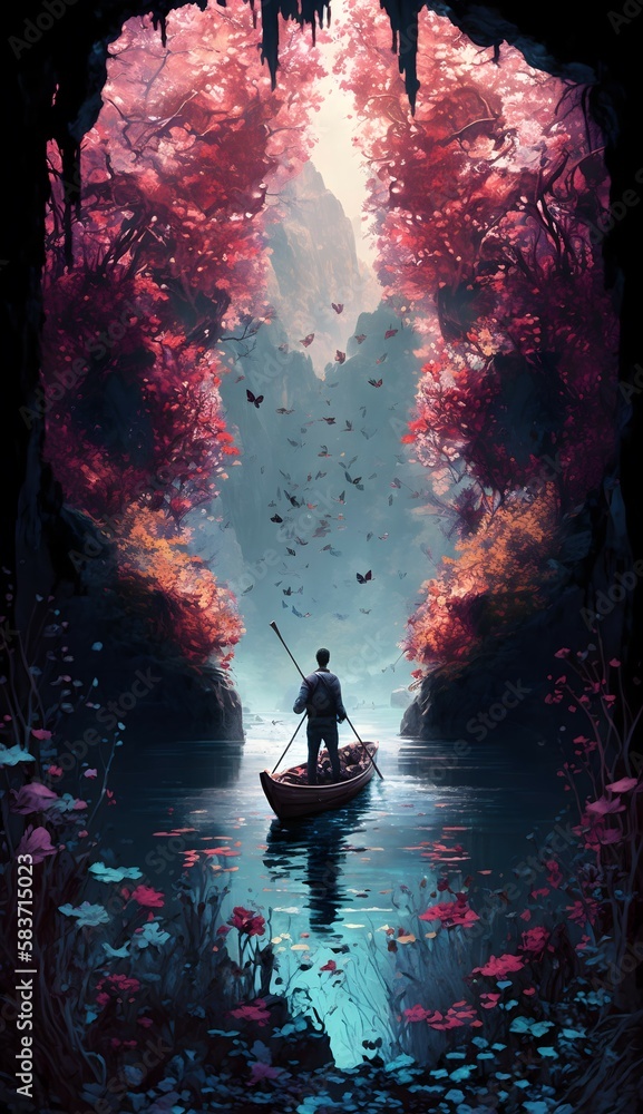 V-Ray render of A man in a boat approaching a waterfal Stock ...