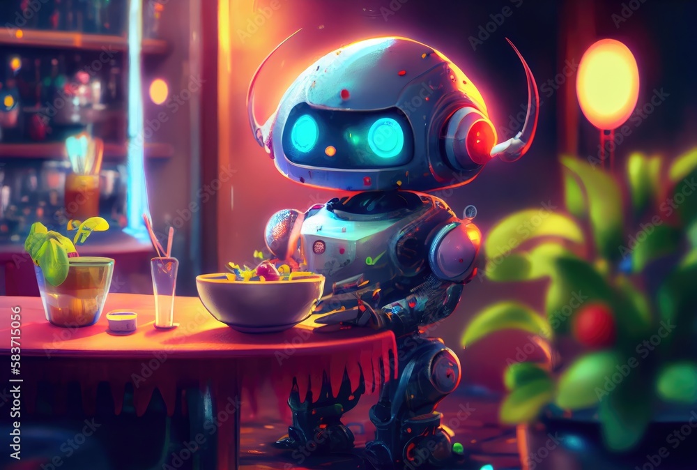 Cute robot eating food in the restaurant background. Technology and ...