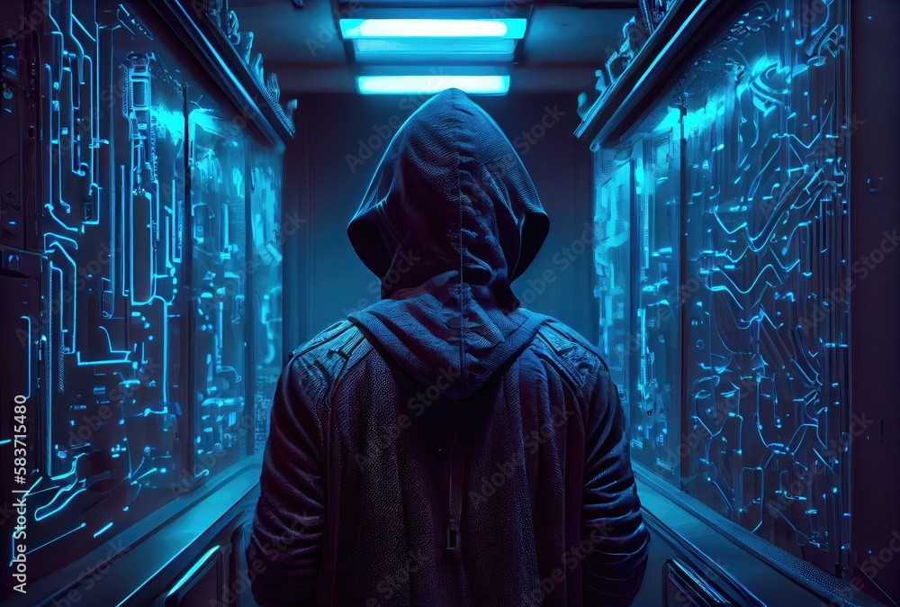 Hacker in the black hood in the server room. Unrecognizable people ...