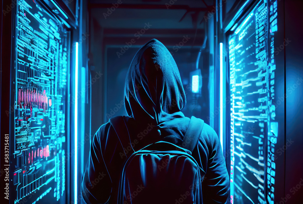 Hacker in the black hood in the server room. Unrecognizable people. Technology and Cybersecurity ...