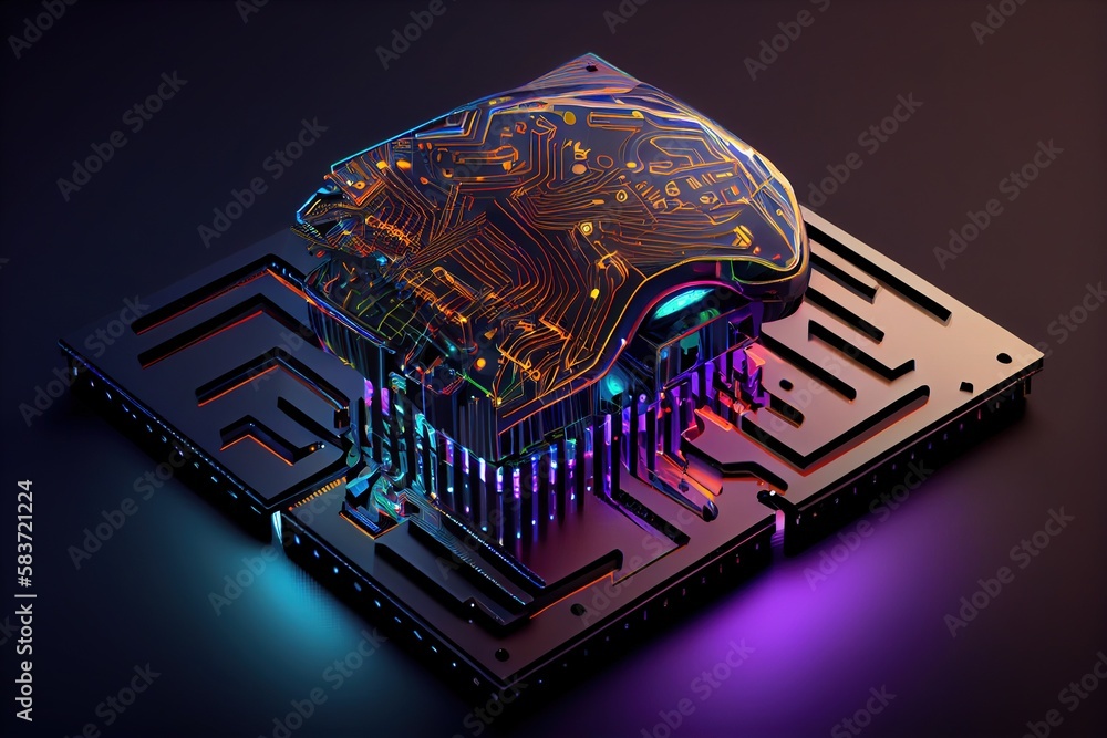 Artificial Intelligence Cybernetic brain chips with holographic glowing ...