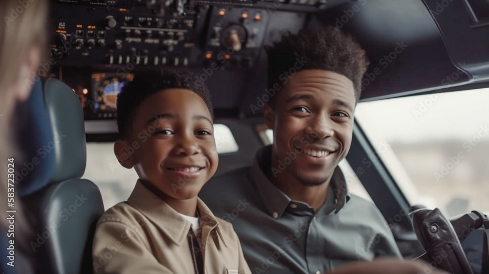 Young African American Father Teaching His Son To Fly In The Cockpit of ...