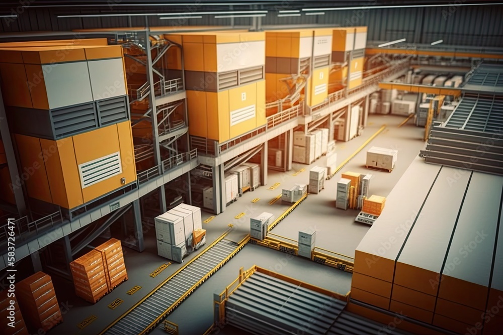 3D render of modern warehouse with automated goods movement system ...