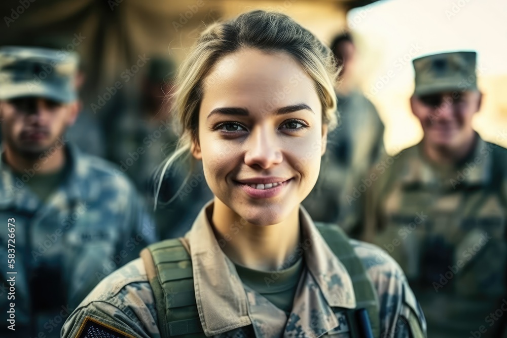 Smiling Young female adult soldier in a soldier's uniform together with ...