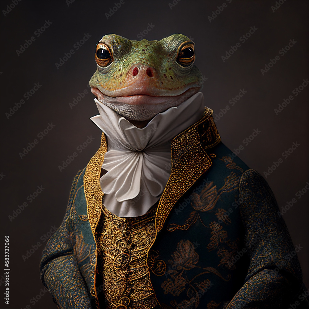 Realistic lifelike glam frog toad in baroque noble regal 18th century ...