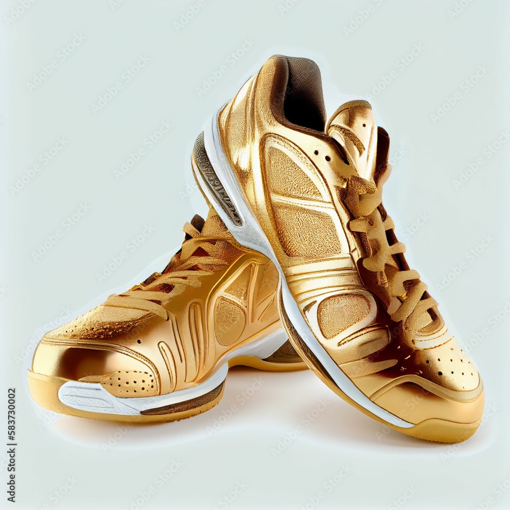 Gold sport shoes on isolated white background. Generative AI. Stock ...