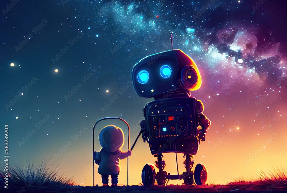Robot nanny take care of baby to watching starry night landscape ...