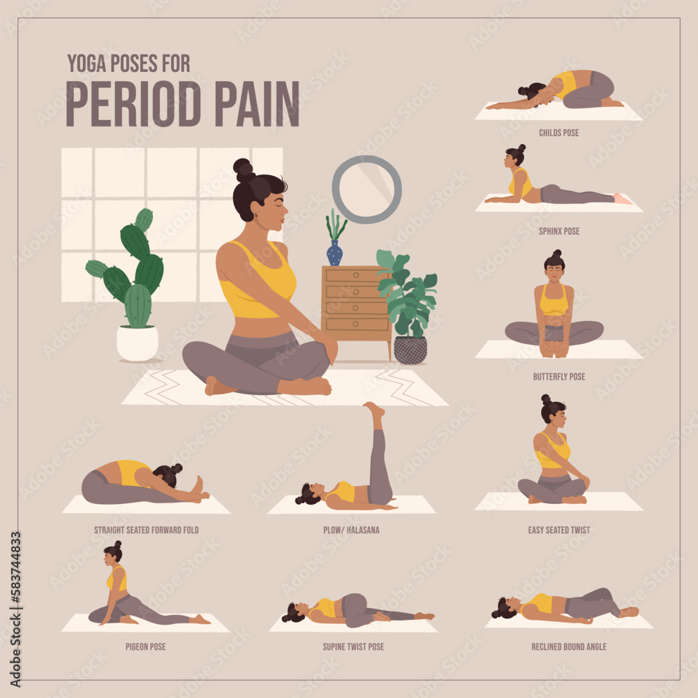 Vettoriale Stock Yoga poses for Period Pain . Young woman practicing ...