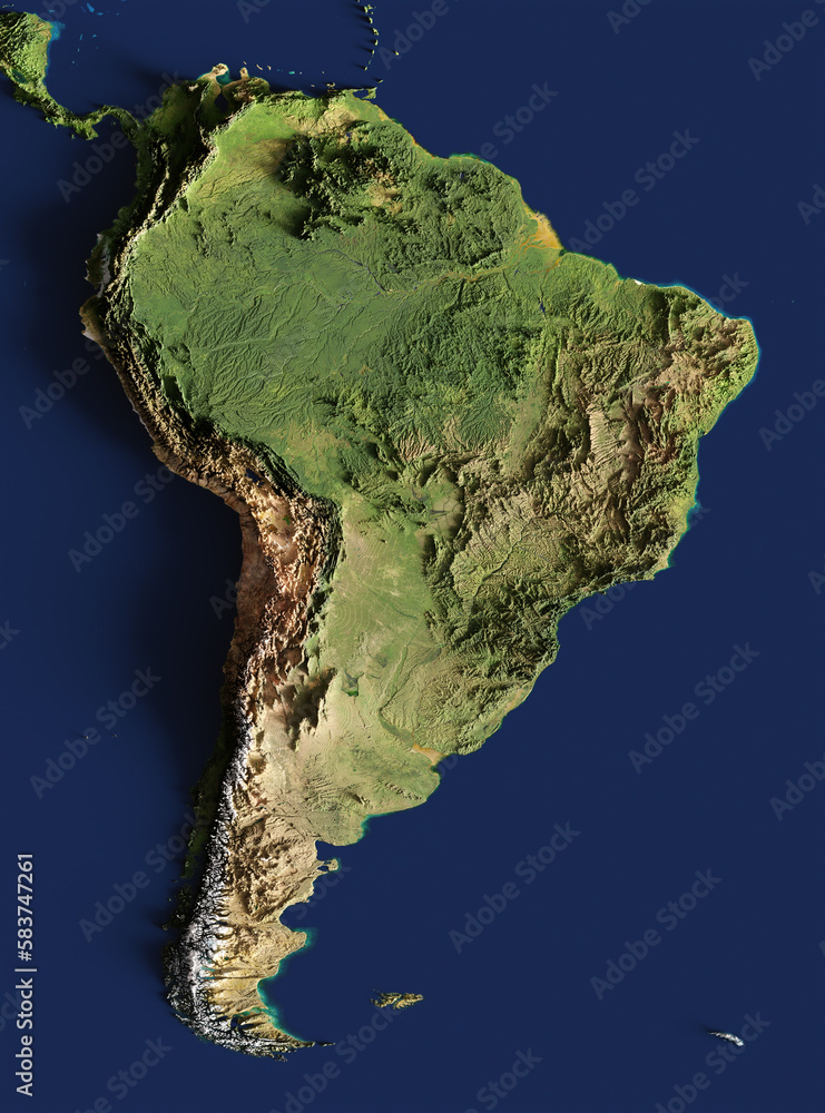 3d illustration of a highly detailed map of South America. Elements of ...