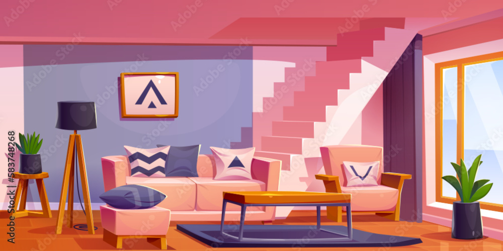 Vetor de Living room vector interior with stair house design background ...