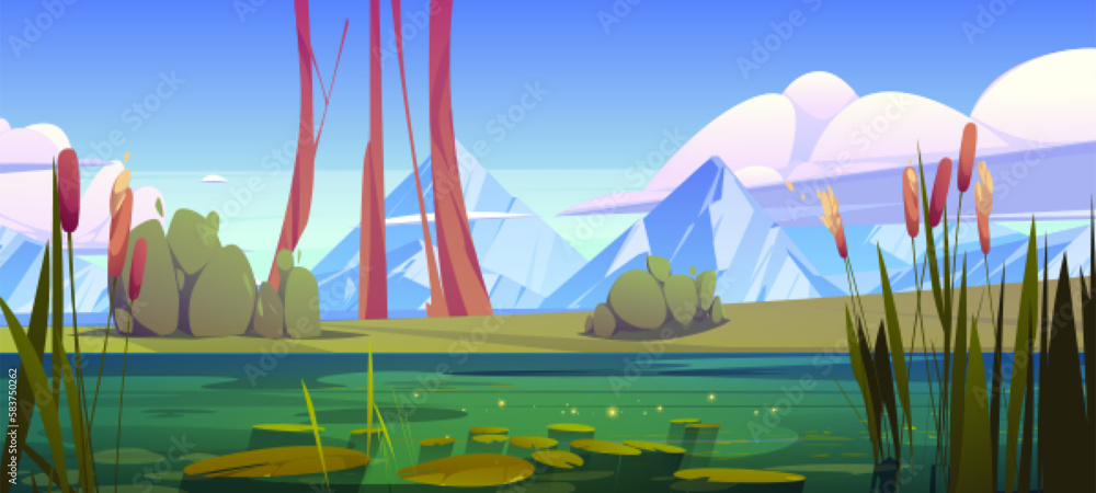 Green swamp and cattail near lake, mountain skyline vector background ...
