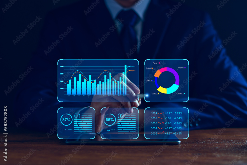 Data analyst working on business analytics dashboard with charts ...
