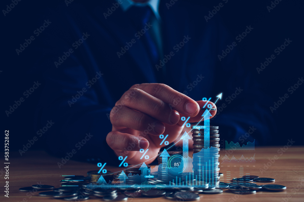 Interest rate and dividend concept. Businessman with percentage symbol ...