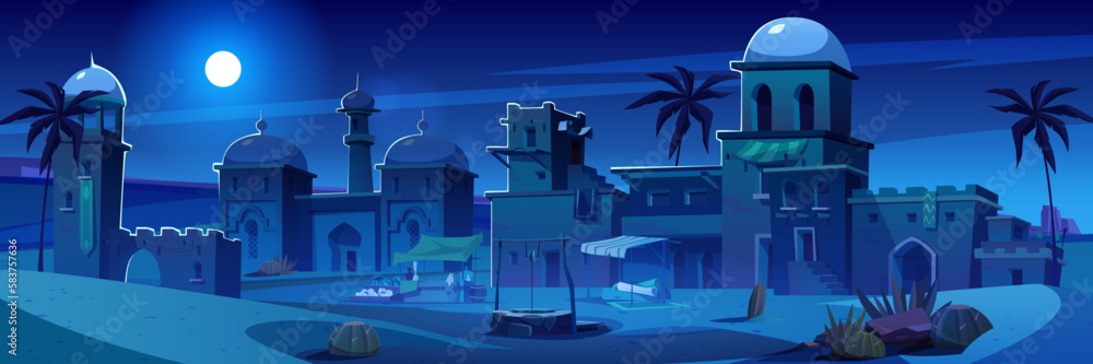 Night ancient arab city in desert cartoon landscape. Dark old arabian ...