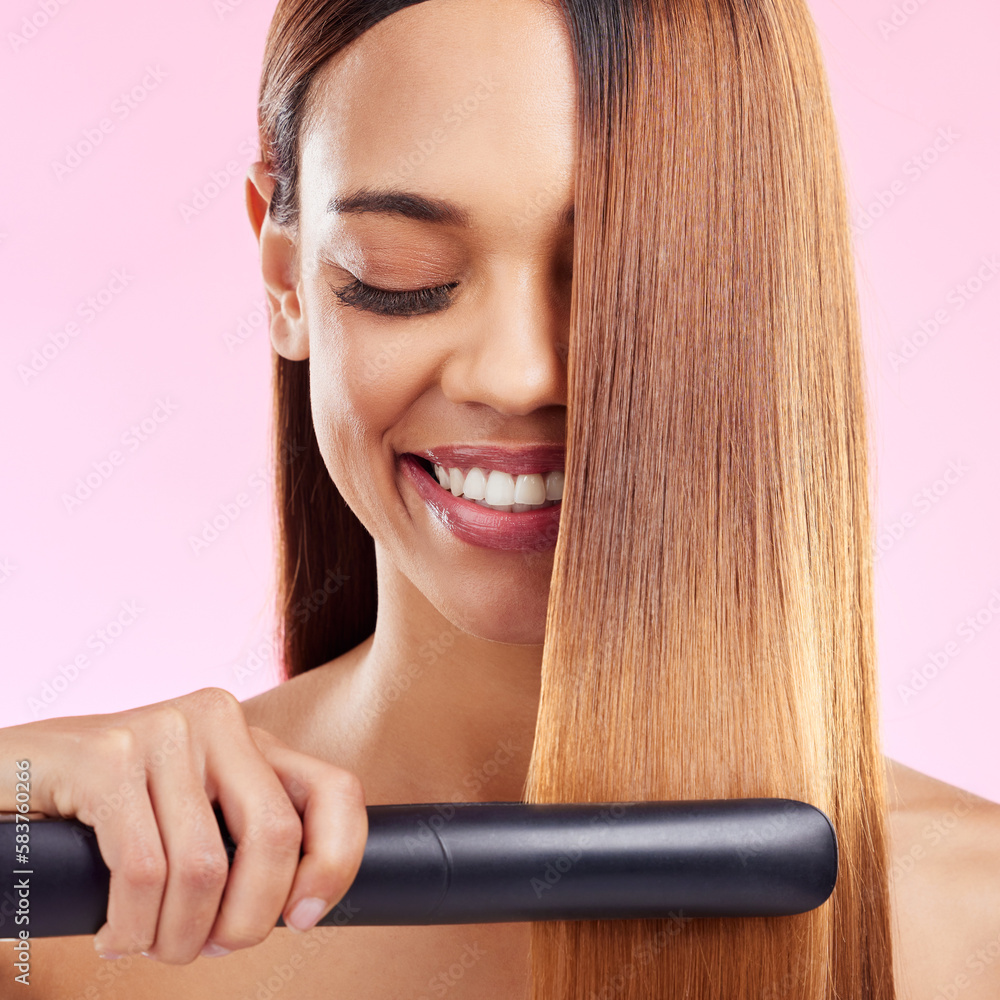 Happy, woman and hair straightener for beauty, salon treatment and girl ...