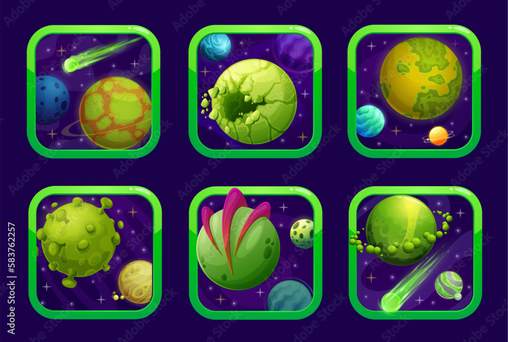 Cartoon space game, app icons with green planets. Vector set ui or gui ...