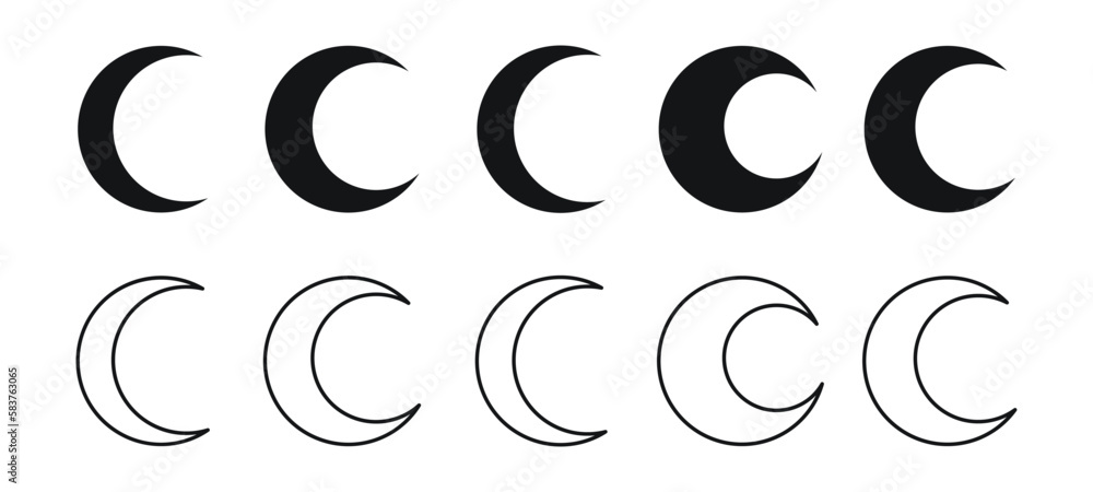 Crescent moon vector illustration, different shapes of moon crescent ...