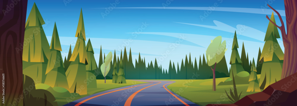 Highway in forest vector landscape. Cartoon road trip through tree and ...