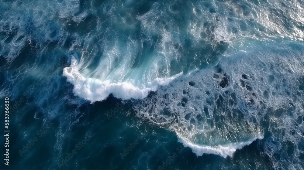 ?Aerial top view of spectacular ocean sea water white wave splashing in the deep sea, drone ...