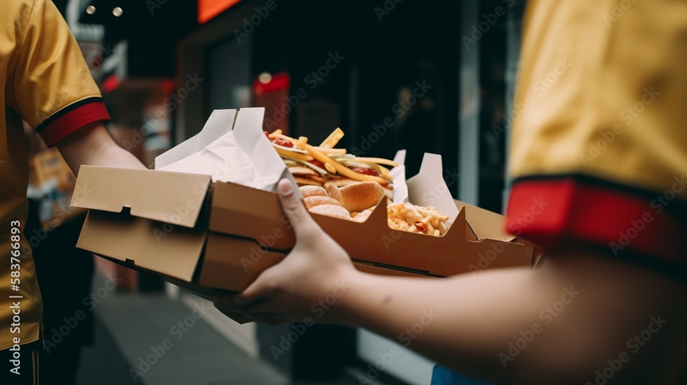 ?Delivery man in uniform carries AI generated boxes of fast food to one ...