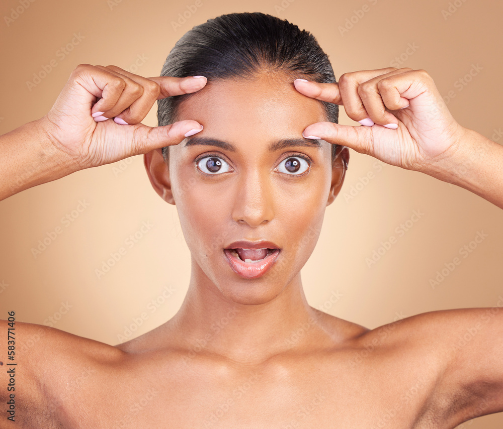 Beauty, surprise portrait and woman forehead wrinkles with a female ...