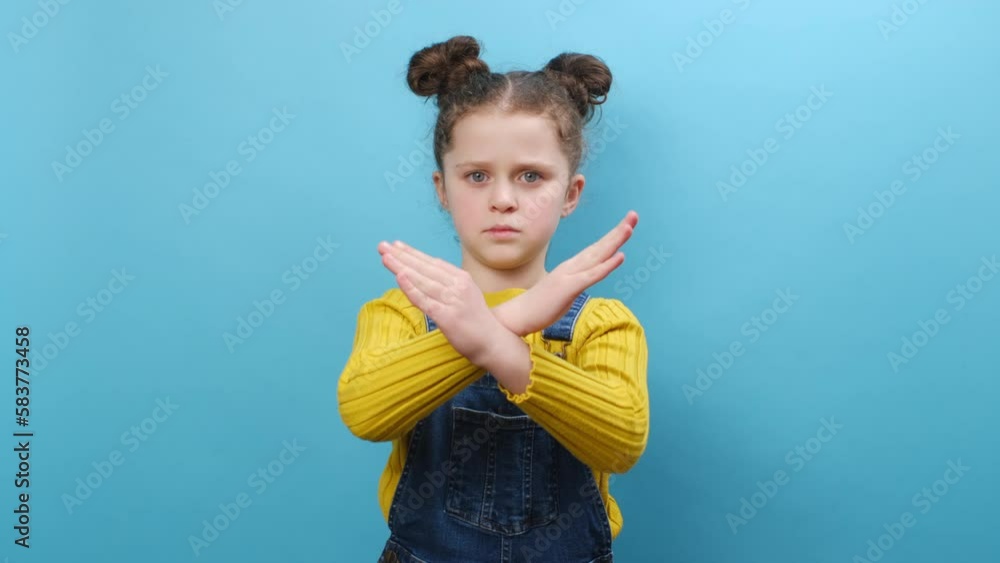 Angry preteen girl kid say No hold palm folded crossed hands, warning ...