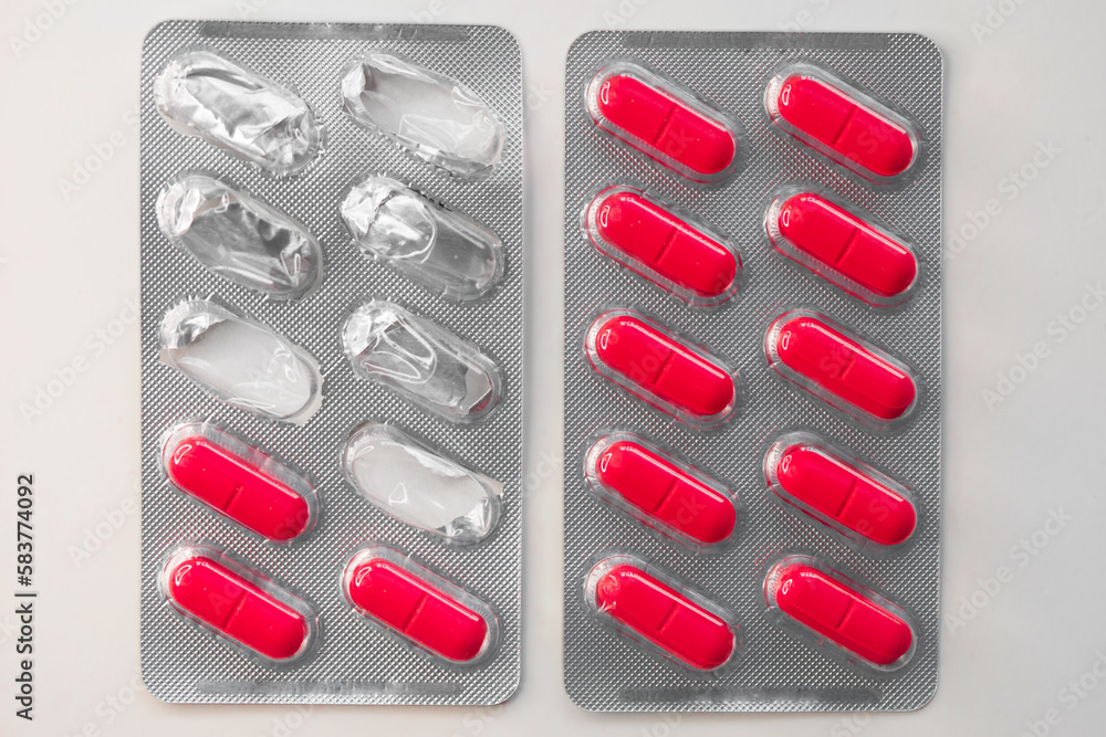 Red capsule package, drugs packaging, pill pack, pharmacy box, medicine ...