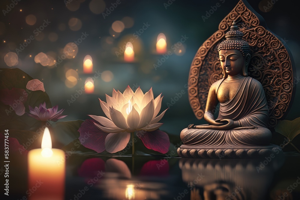 Buddha purnima Vesak day background, Buddha statue with Lotus flower ...