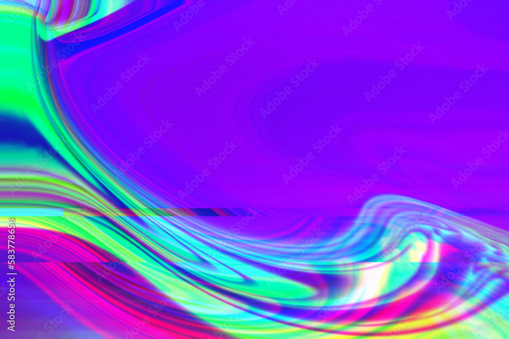 Distorted with Motion glitch effect Abstract purple pink green neon rainbow wavy interlaced ...