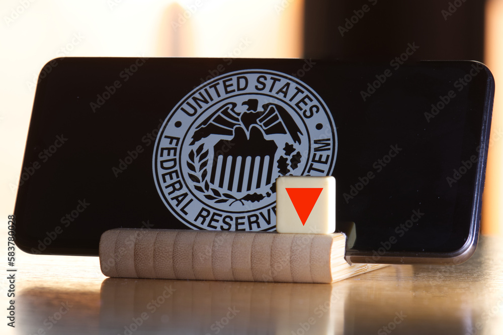 FED interest rates level decreasing concept. Closeup on FED logo ...