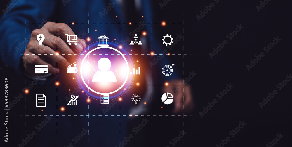 Businesspeople touching on screen to target customer. Target customer ...