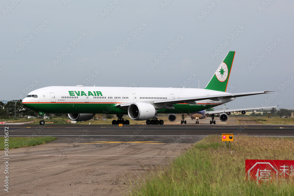 EVA Air Boeing 777-300ER airplane at Taipei Taoyuan International ...