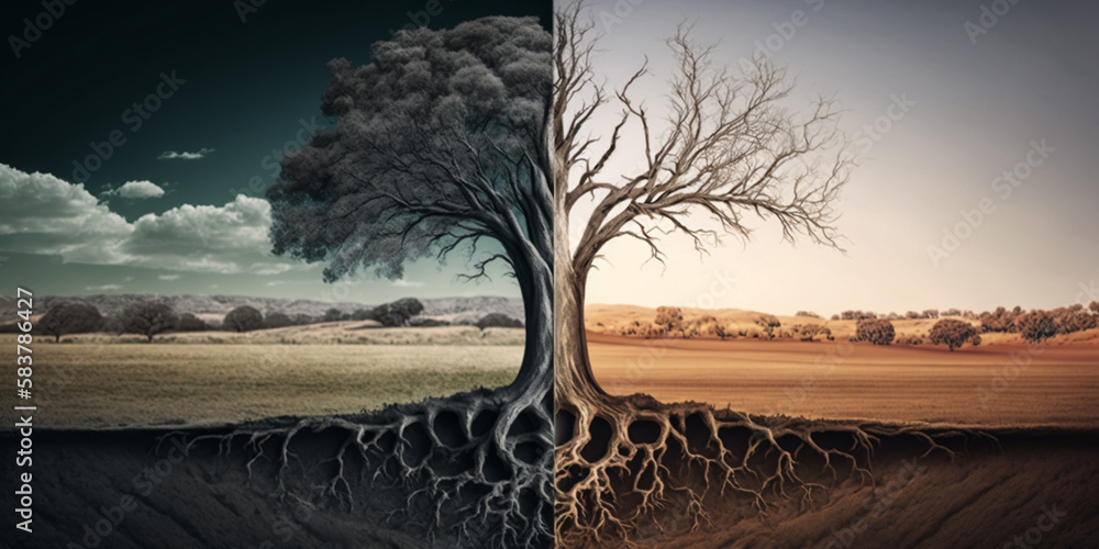 half alive and half dead tree standing in the areas of landscape ...