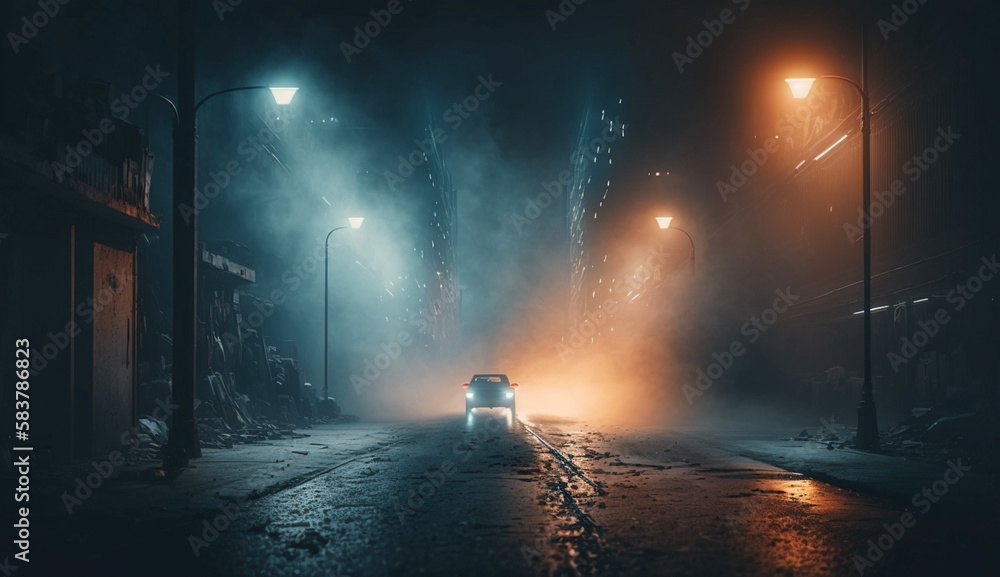 Abstract light in a dark empty street with smoke, smog, night view ...
